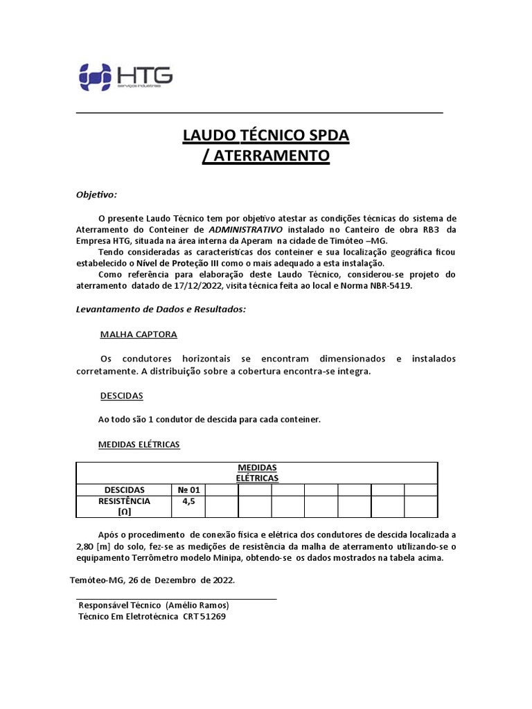 Laudo Aterramento Laiser | PDF | Eletricista | Resistência elétrica e ...