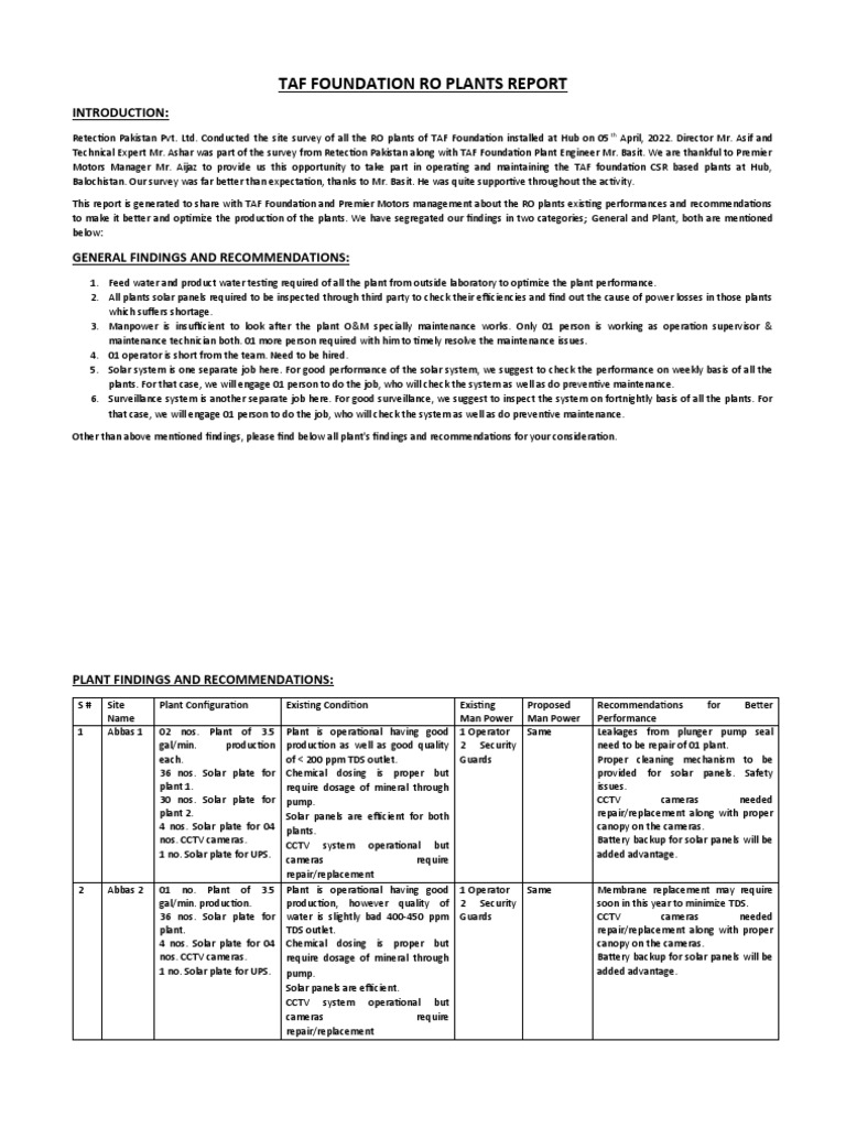 TAF Foundation RO Plant Report | PDF