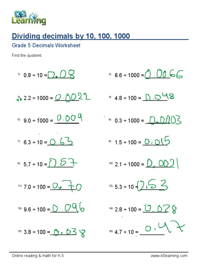 Dividing Decimals By 10 100 And 1000 Worksheets Decimals Free