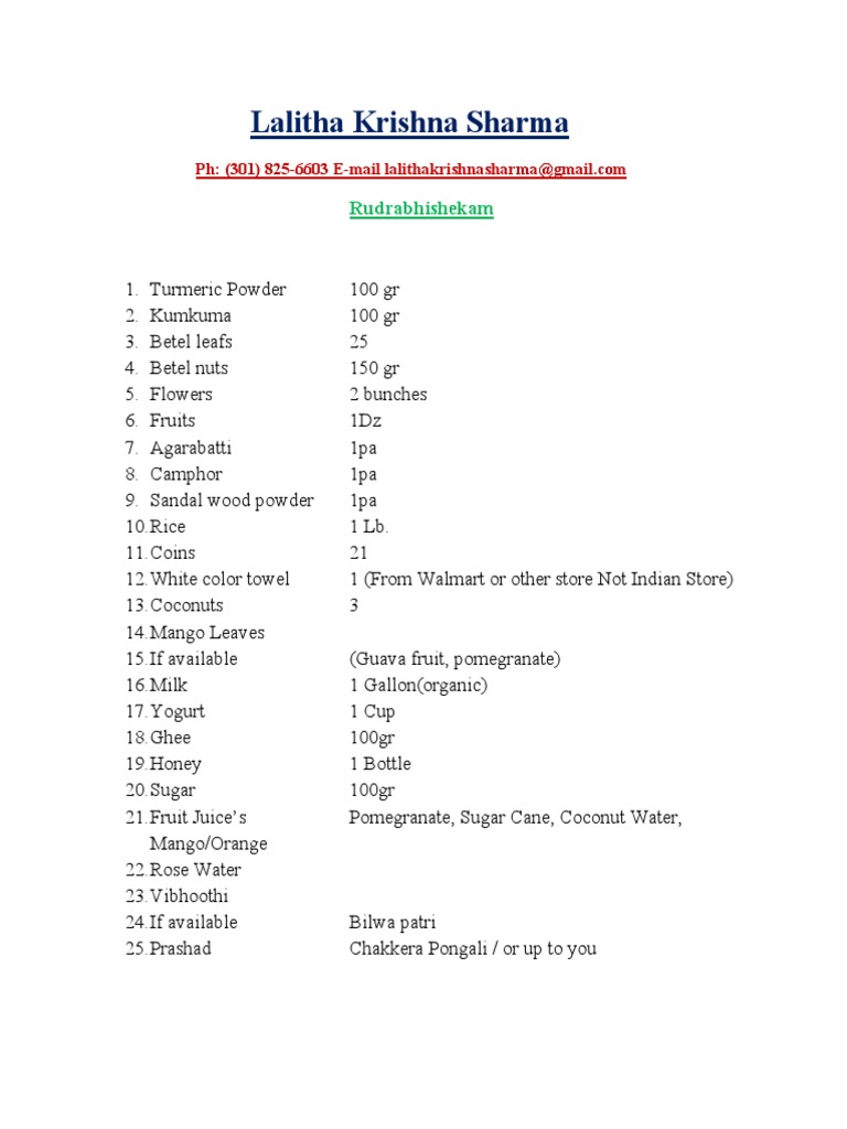 Rudrabhishekam Puja Ritual Ingredients and Materials List | PDF