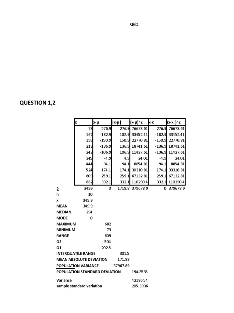 19010920-104 Quiz 2 Statistic | PDF | Variance | Mode (Statistics)
