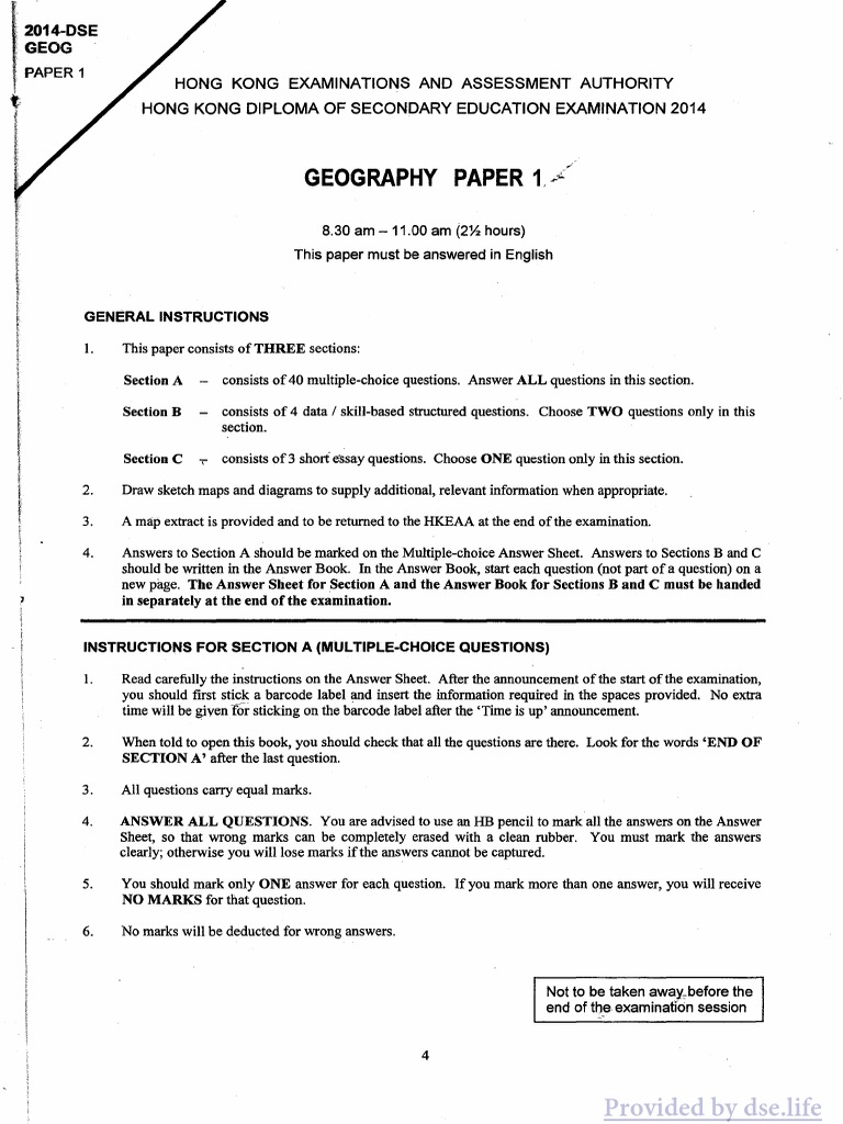 Geography Paper: Provided by Dse - Life | PDF | Multiple Choice