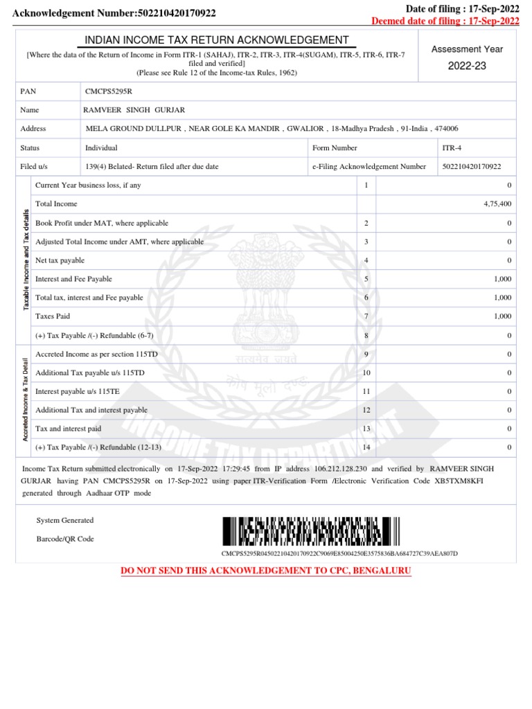 2022-23 ITR-4 Acknowledgement | PDF | Government | Economies