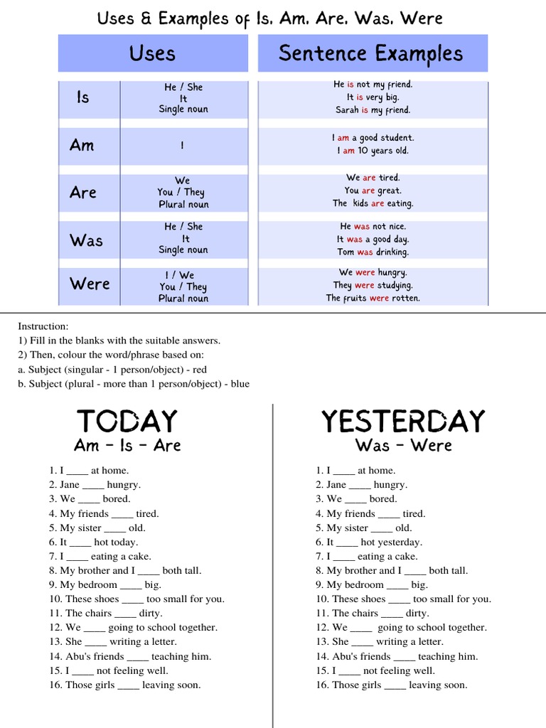 Is, Am, Are, Was, Were (Notes & Exercise) | PDF | Plural | Noun