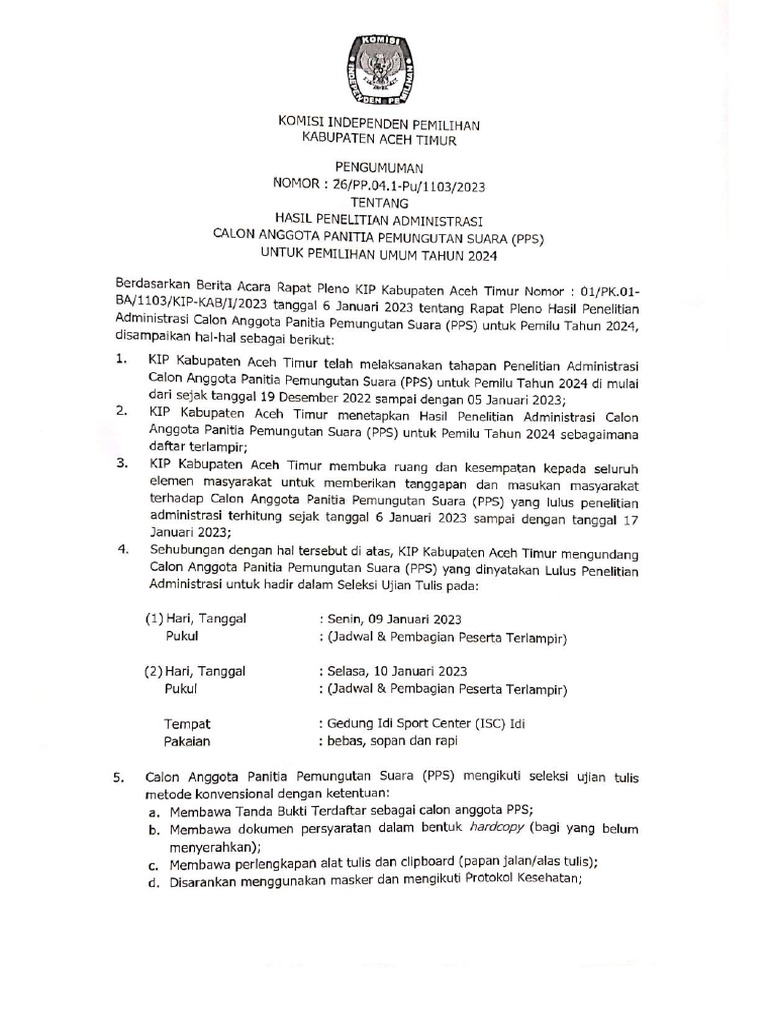 Pengumuman Hasil Adm PPS Final | PDF