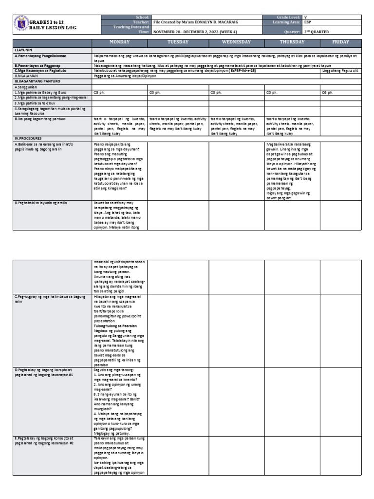 DLL - Esp 5 - Q2 - W4 | PDF