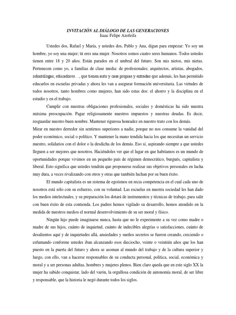 Invitación Al Diálogo de Las Generaciones de Isaac Felipe Azofeifa | PDF