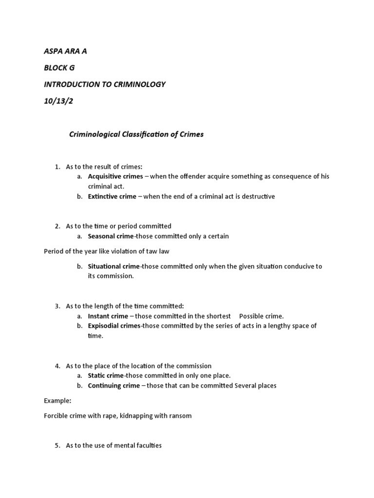 Criminological Classification of Crimes | PDF