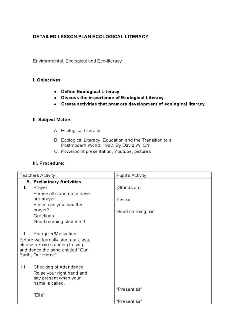 Detailed Lesson Plan Ecological Literacy Unfinished | PDF | System ...