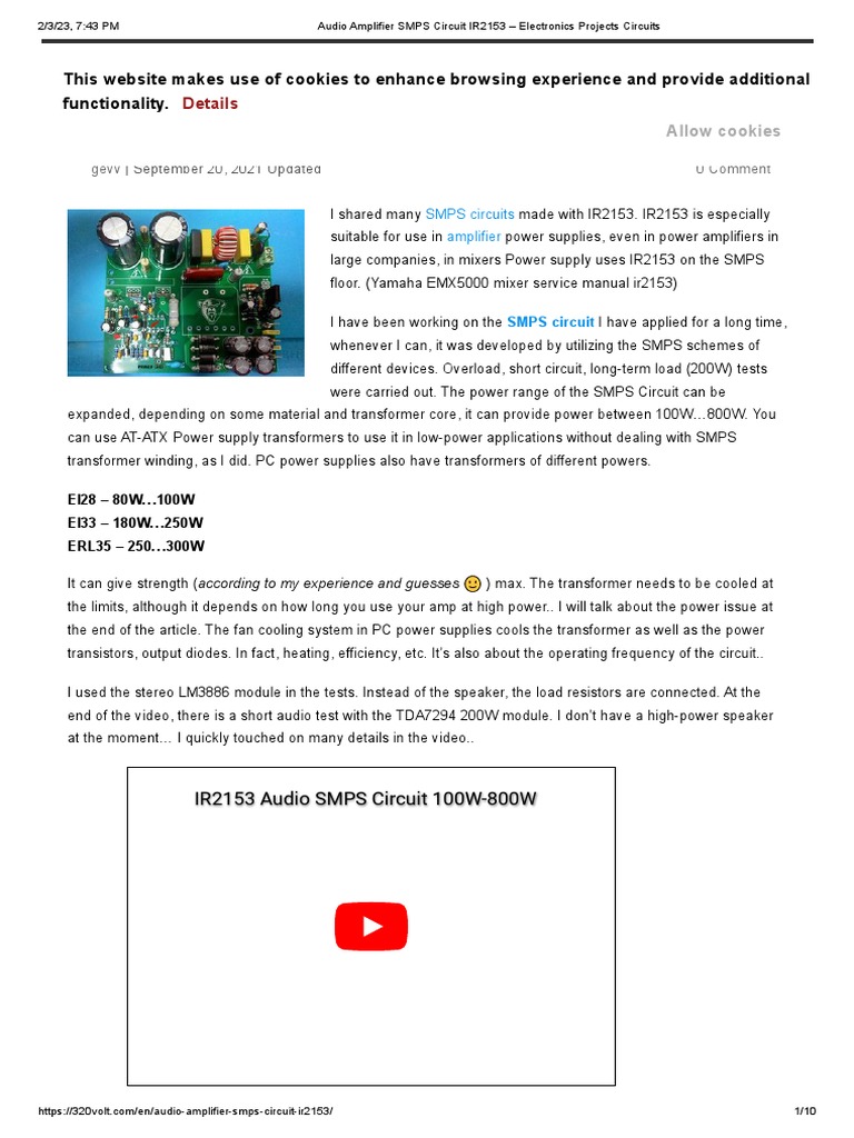 Audio Amplifier SMPS Circuit IR2153 - Electronics Projects Circuits | PDF | Amplifier | Power Supply