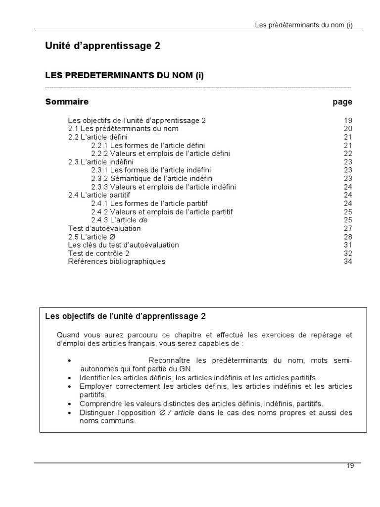Unite 2 PDF Nom grammaire Genre Grammatical