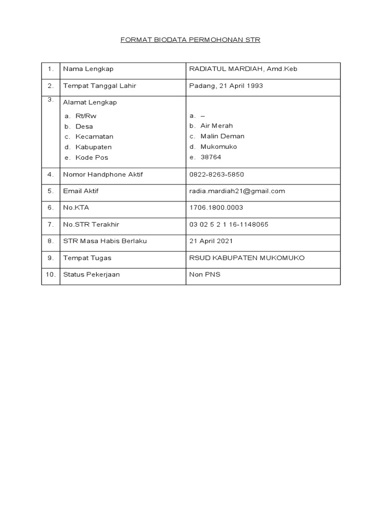 Format Biodata Permohonan STR | PDF