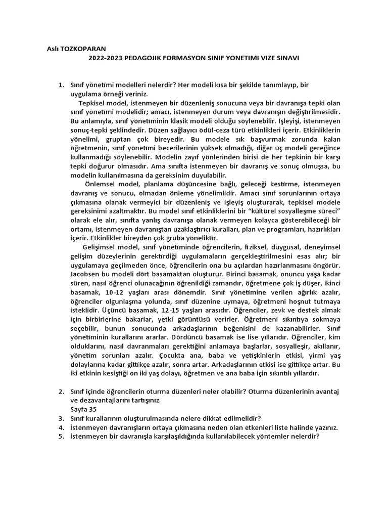 Sınıf Yönetimi Vize Sorulari | PDF