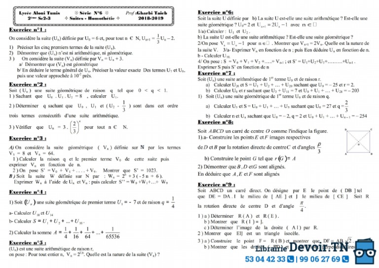 Série D'exercices 6 Suites Homothétie 2018 2019 (MR Taieb Gharbi) | PDF