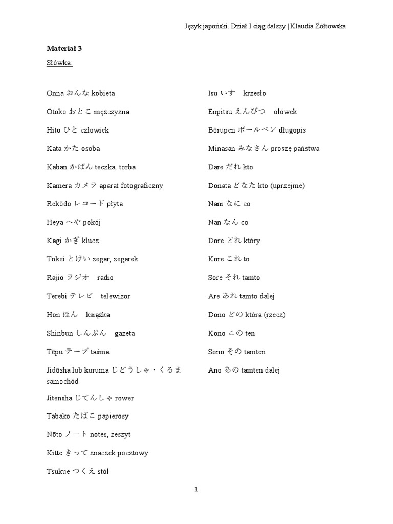Japoński - Materiał - 3 - Gramatyka I Słówka Ko, So, A, Do, Dare | PDF