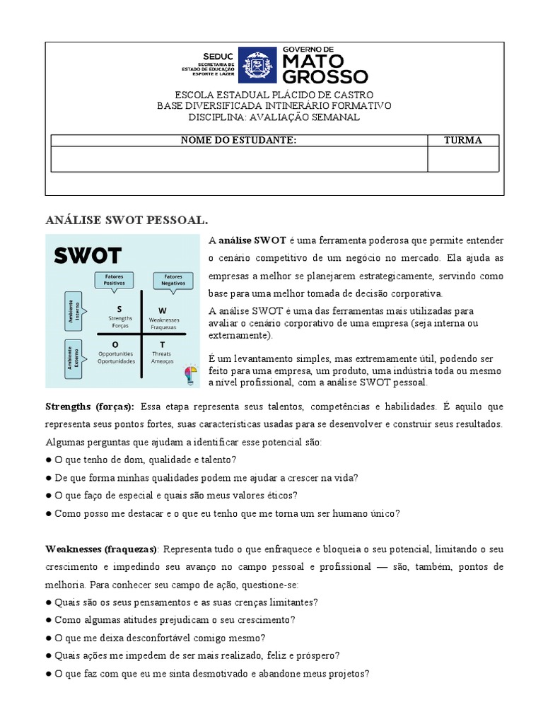 Matriz Swot - Atividade | PDF | Análise SWOT | Ciência cognitiva