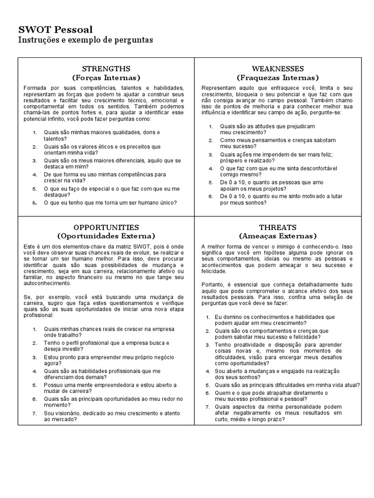 SWOT Pessoal | Download grátis PDF | Análise SWOT | Psicologia