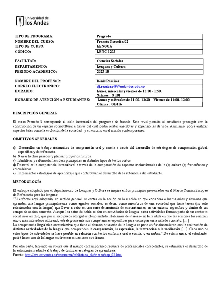 Leng 1203-02 Francés 3 2023-10 Denis Ramírez | PDF | Evaluación | Cognición