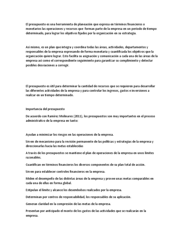 El Presupuesto Es Una Herramienta de Planeación Que Expresa en Términos Financieros o Monetarios ...