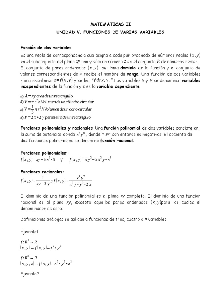 Guia Unidad V Funciones de Varias Variables | PDF | Conceptos matemáticos | Matemáticas