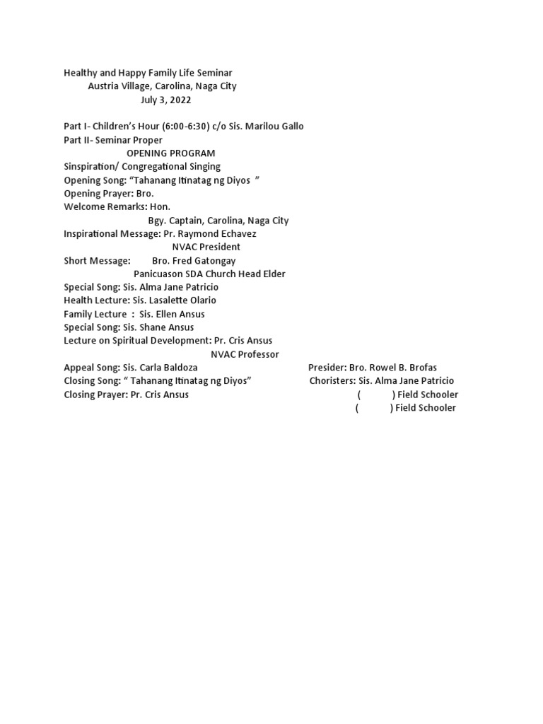 Healthy and Happy Family Life Seminar Working Committees - For Merge | PDF