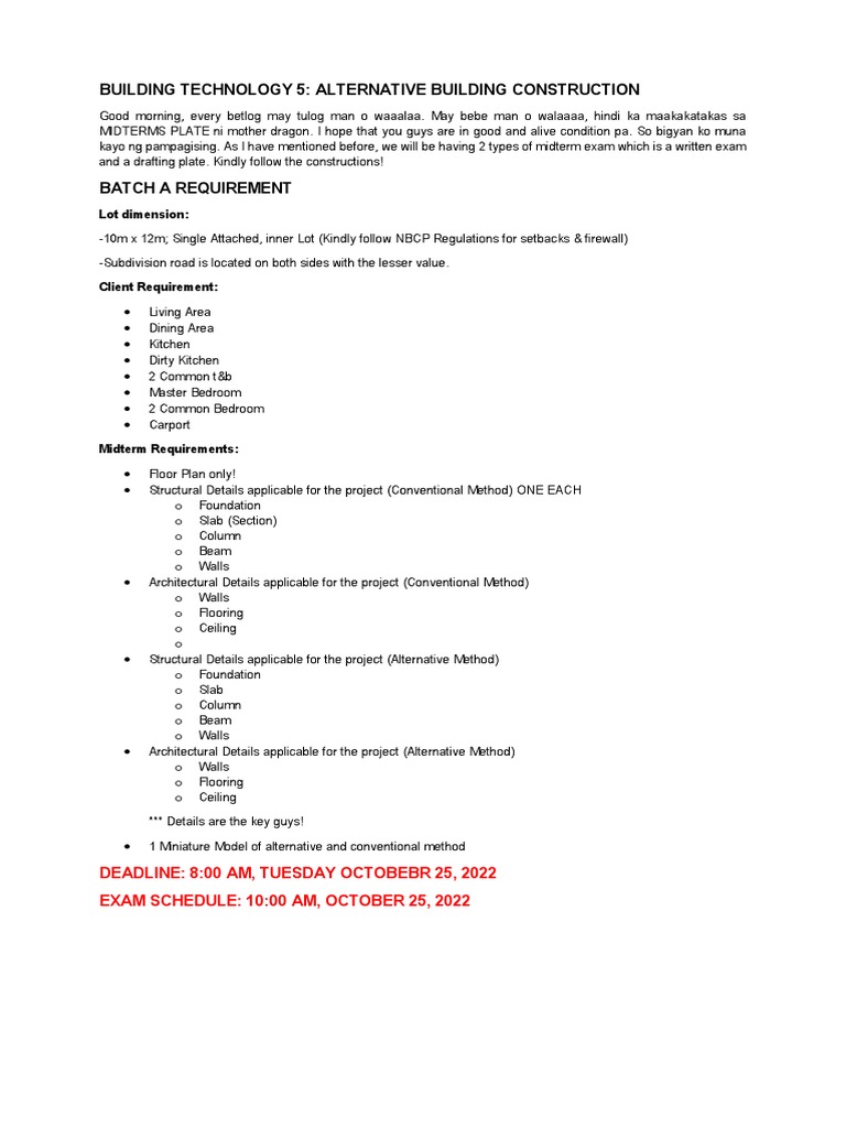 Midterm Plate: Building Technology Exam | PDF