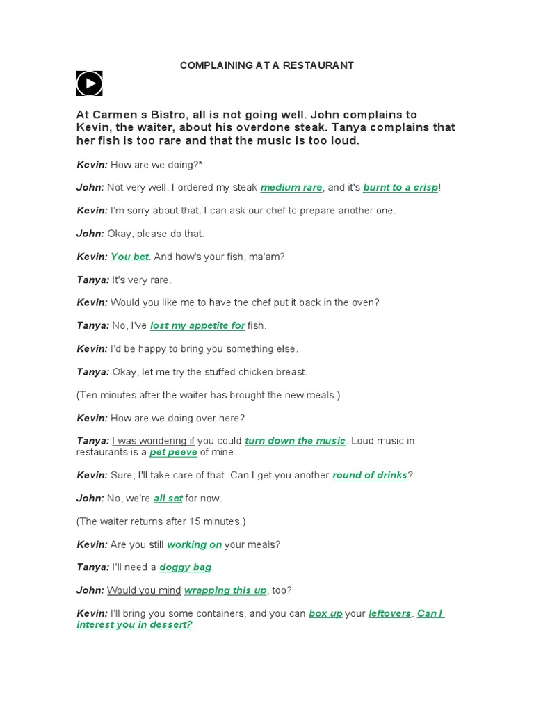 Complaining at A Restaurant | PDF | Waiting Staff | Restaurants