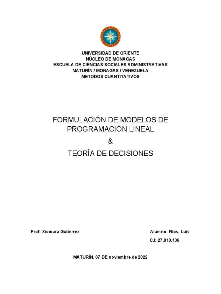 Metodo Tema 1 y 6 Luis Rios | PDF | Programación lineal | Toma de decisiones