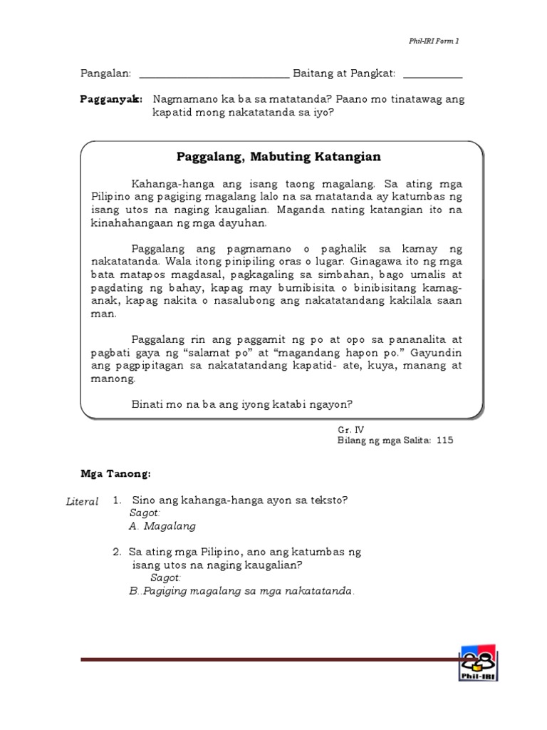 Grade 4 Phil IRI Filipino Teachers | PDF