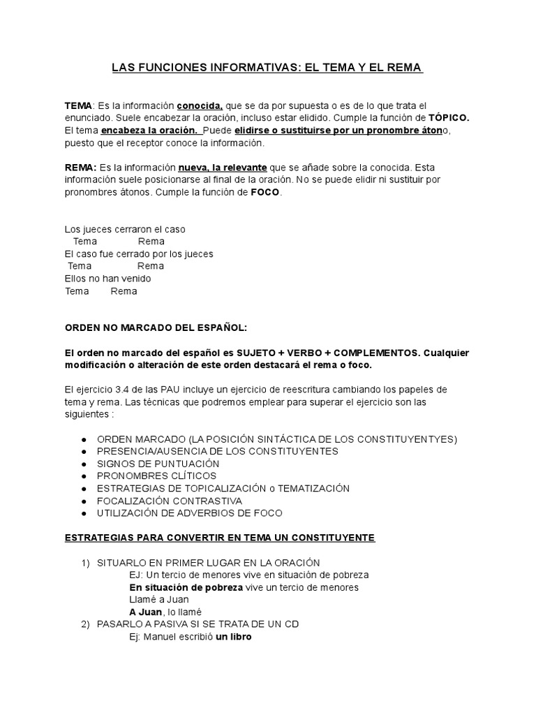 Las Funciones Informativas - El Tema y El Rema | PDF | Oración ...