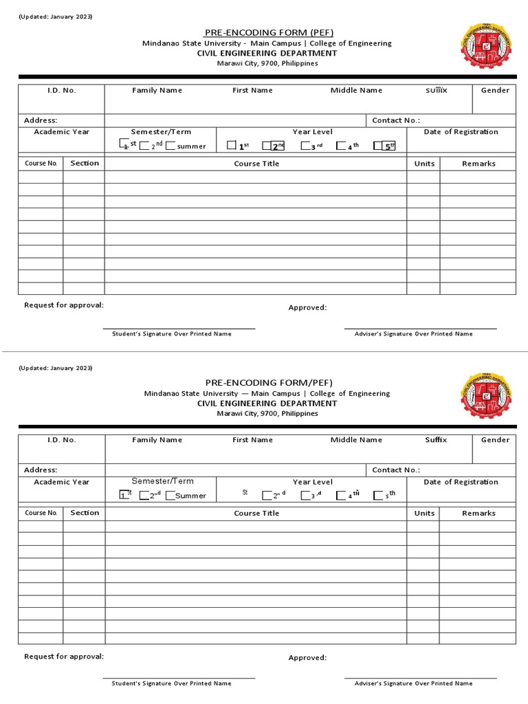 Pre-Encoding Form (PEF) : Civil Engineering Department | PDF | Academia