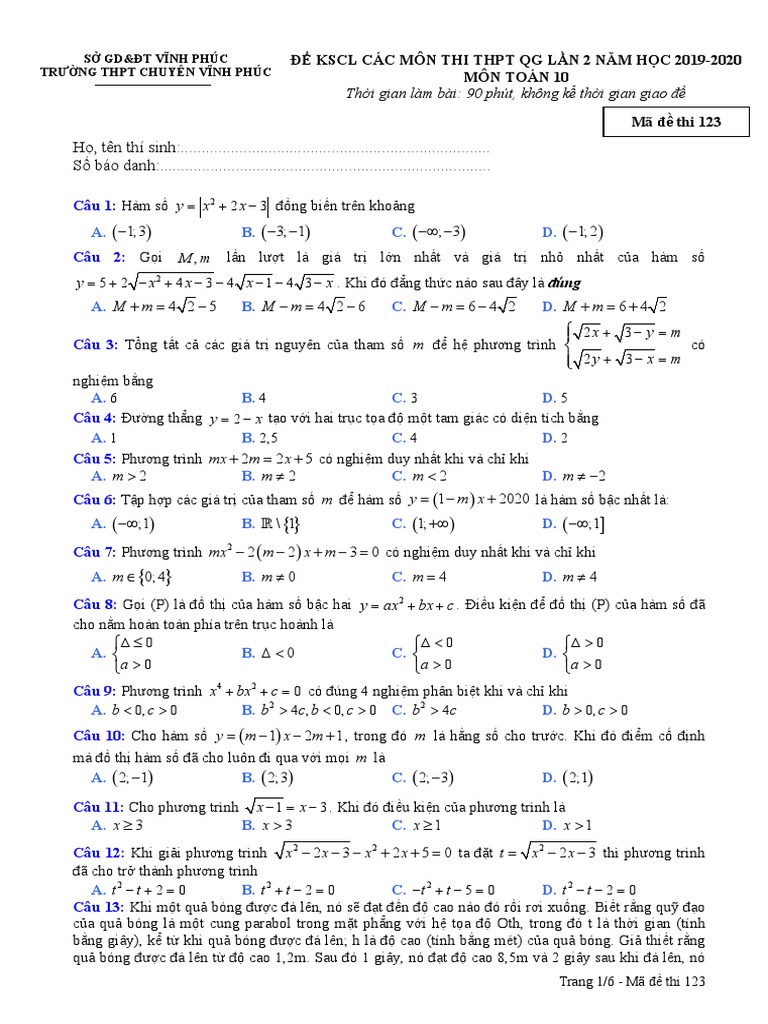 De KSCL Toan 10 Thi THPT QG 2020 Lan 2 Truong THPT Chuyen Vinh Phuc | PDF