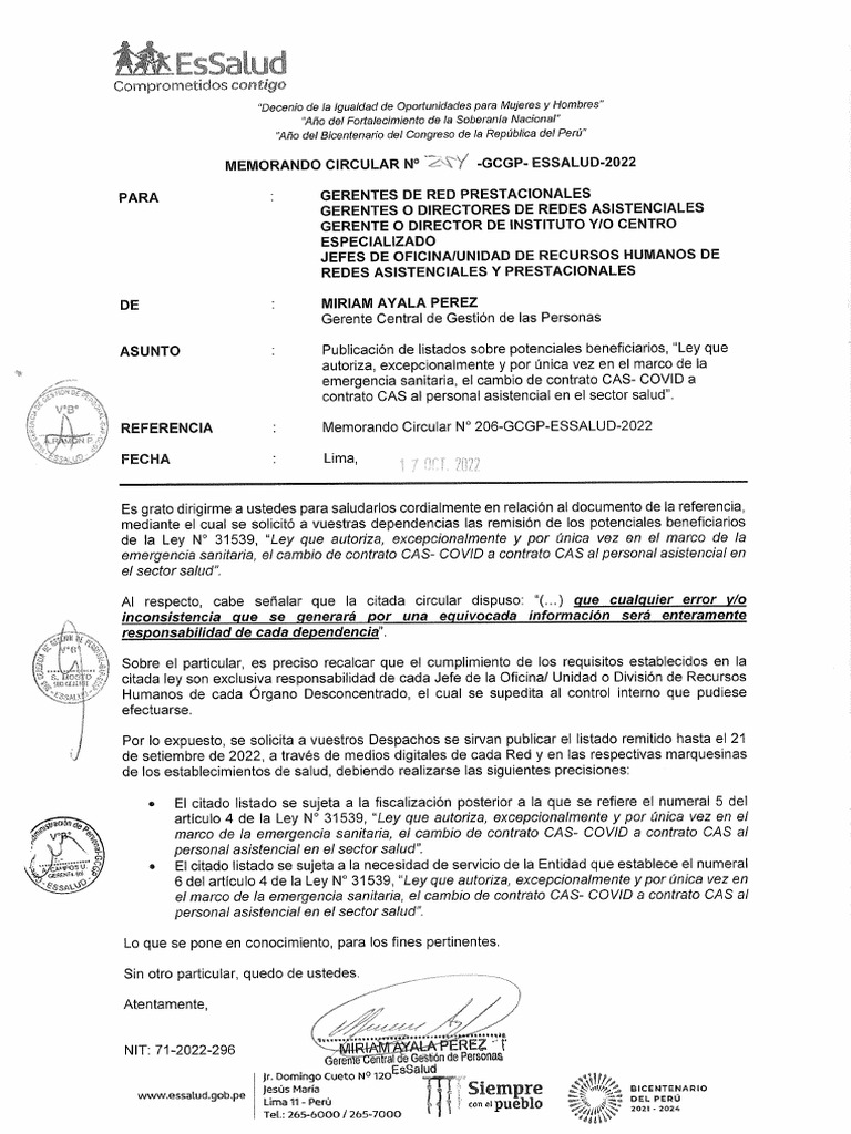 Memorando Circular #254-Gcgp-Essalud-2022 | PDF