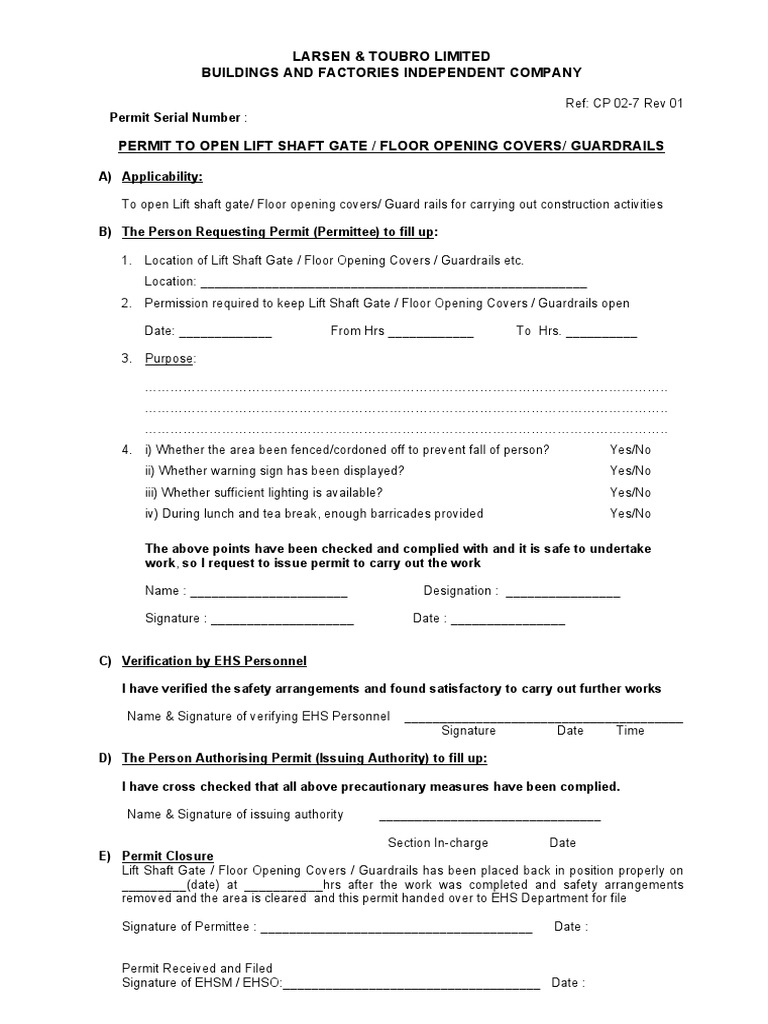 CP 02-7 Permit To Open Lift Shaft Gate Floor Opening Covers Guardrails | PDF