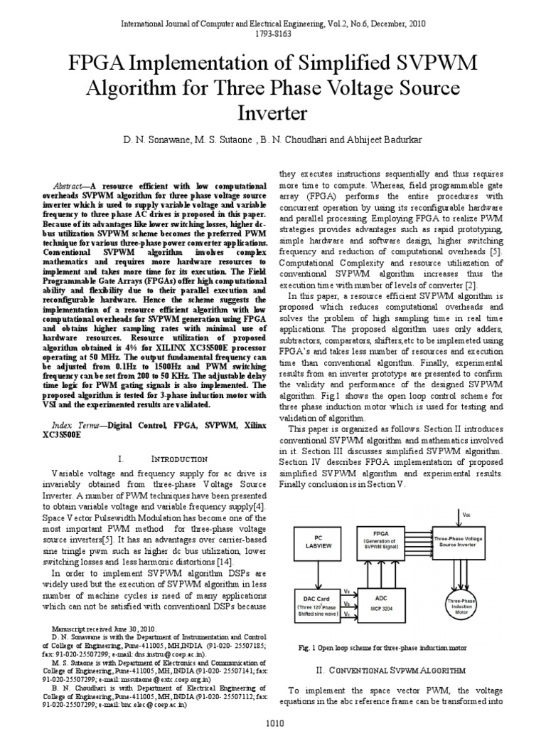 Fpga Implementation Of Simplified Svpwm Algorithm For Three Phase Voltage Source Inverter Pdf