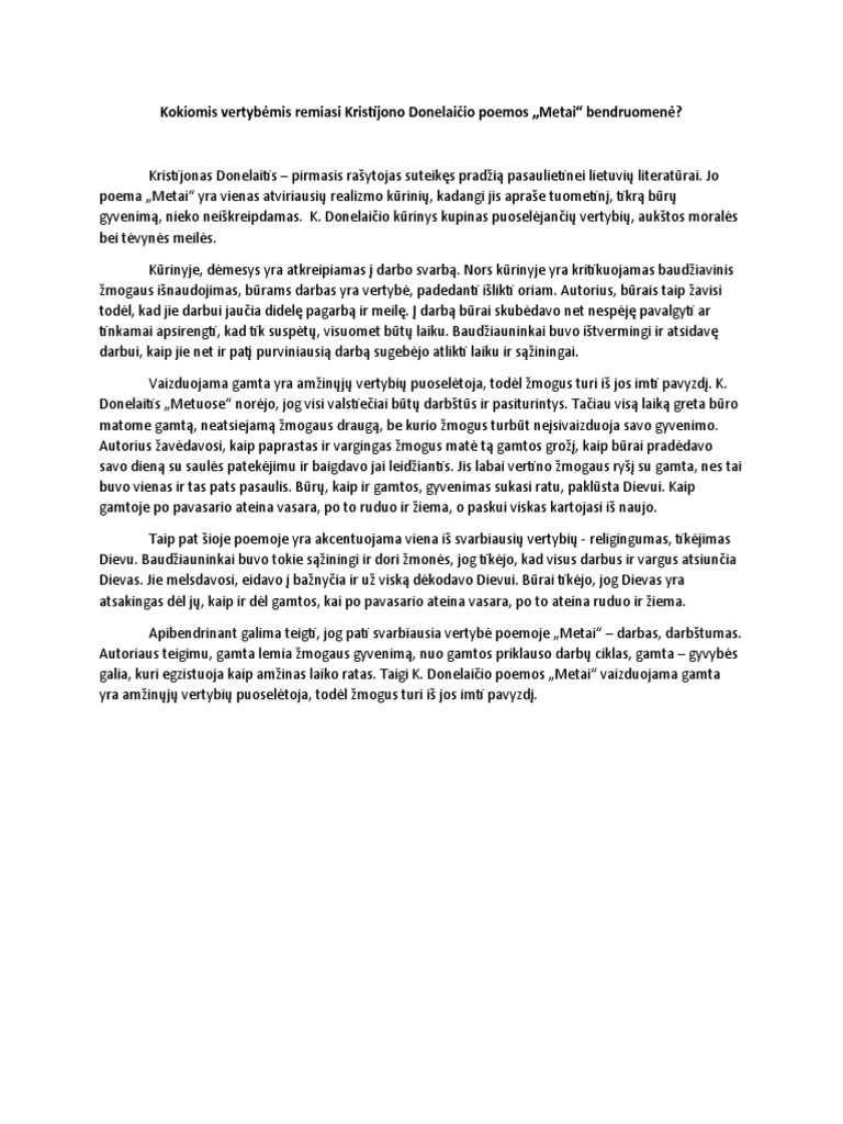 Kokiomis Vertybėmis Remiasi Kristijono Donelaičio Poemos Metai" Bendruomenė | PDF