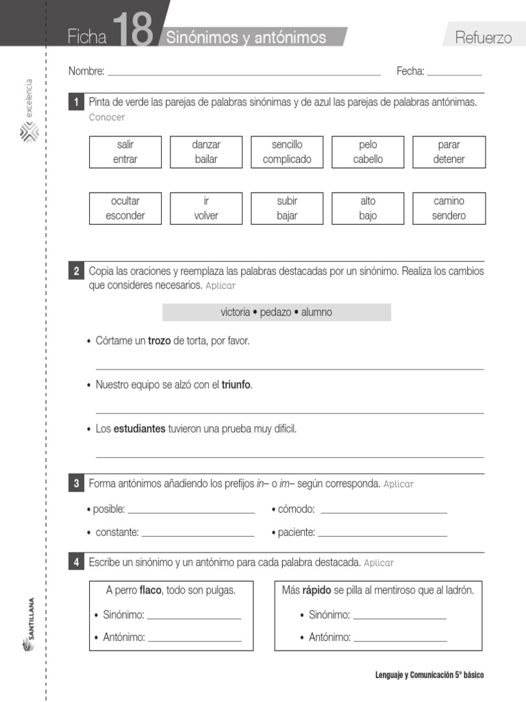 Ficha 18 Sinónimos y Antónimos | PDF | Artes del Lenguaje y Comunicación
