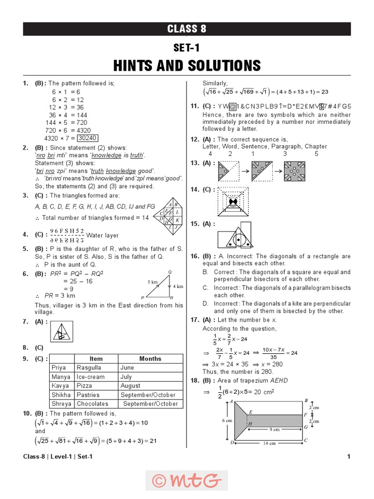 Imo Level1 Solution Class 8 Set 1 | PDF | Area | Geometry