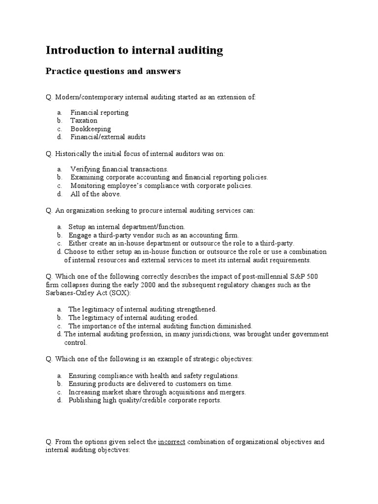 Introduction To Internal Auditing: Practice Questions and Answers | PDF | Internal Audit | Audit