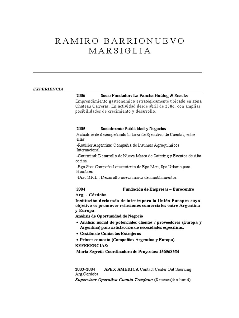 CV Ramiro Barrionuevo-Marsiglia | PDF | Centro de llamadas | Microsoft Office