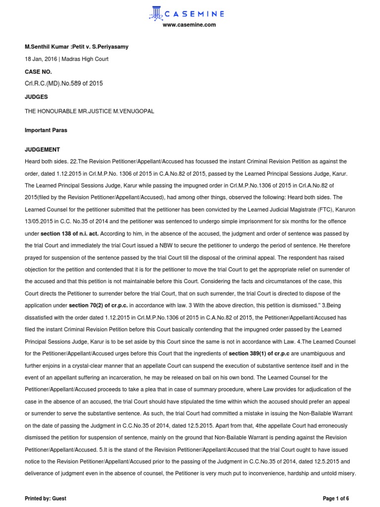 Crl.R.C. (MD) .No.589 of 2015: Printed By: Guest Page 1 of 6 | PDF | Bail | Judgment (Law)