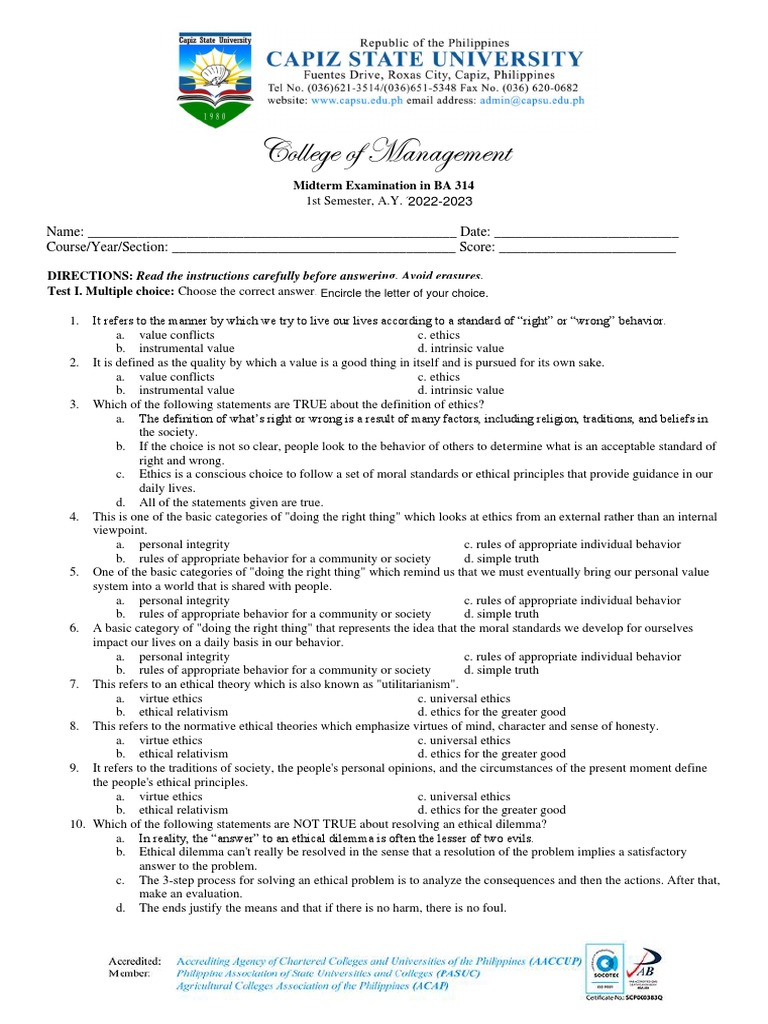 BA 314 Good Governance Mid-Term Exam | PDF | Corporate Social ...