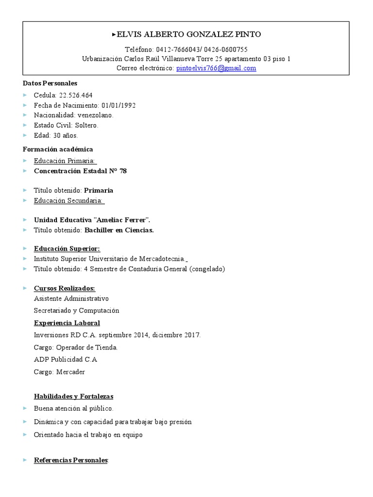 Currículum de Elvis González Pinto | PDF