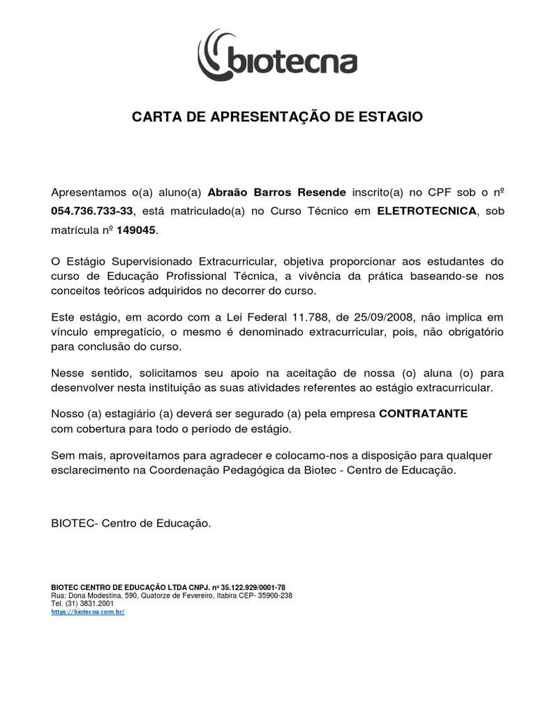 Carta de Estagio | PDF Carta de Estagio | PDF