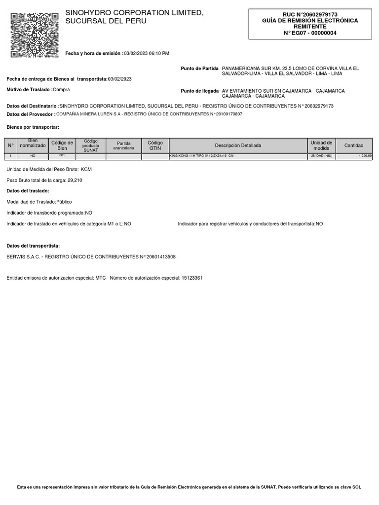 Guía Remisión Electrónica Sinohydro | PDF