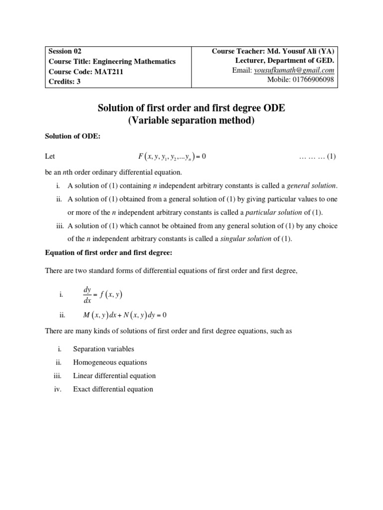 Solution of First Order and First Degree ODE (Variable Separation Method) | PDF | Ordinary ...