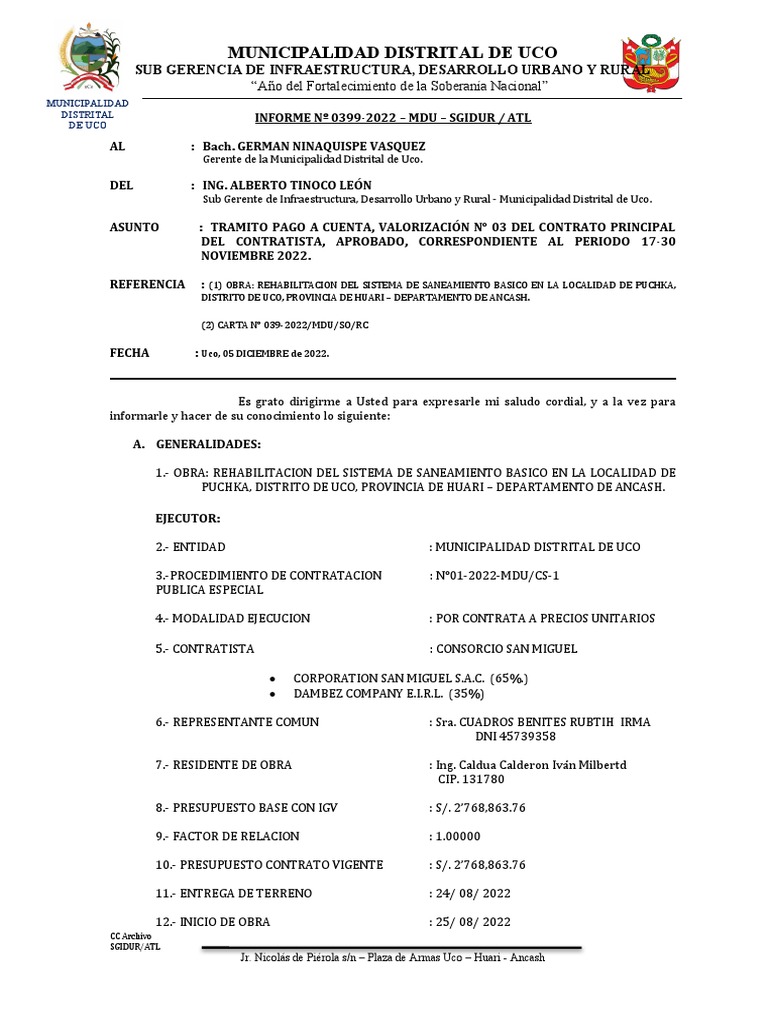 Informe N°399 Aprobacion Val 3 Contractual Saneamiento RCC Puchka ...