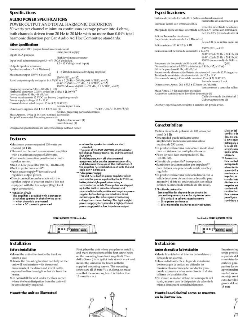 Manual de Usuario Sony XM-502Z (Español - 4 Páginas) | PDF ...