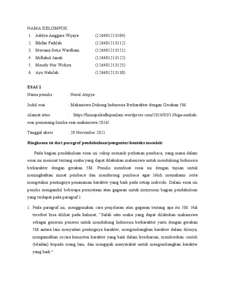 Review Essay Mahasiswa Dukung Indonesia Berkarakter Dengan Gerakan 5M | PDF