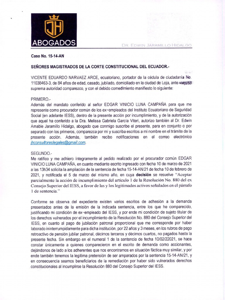 Demanda de Vicente Eduardo Narváez Arce | PDF | Sentencia (ley) | Ecuador